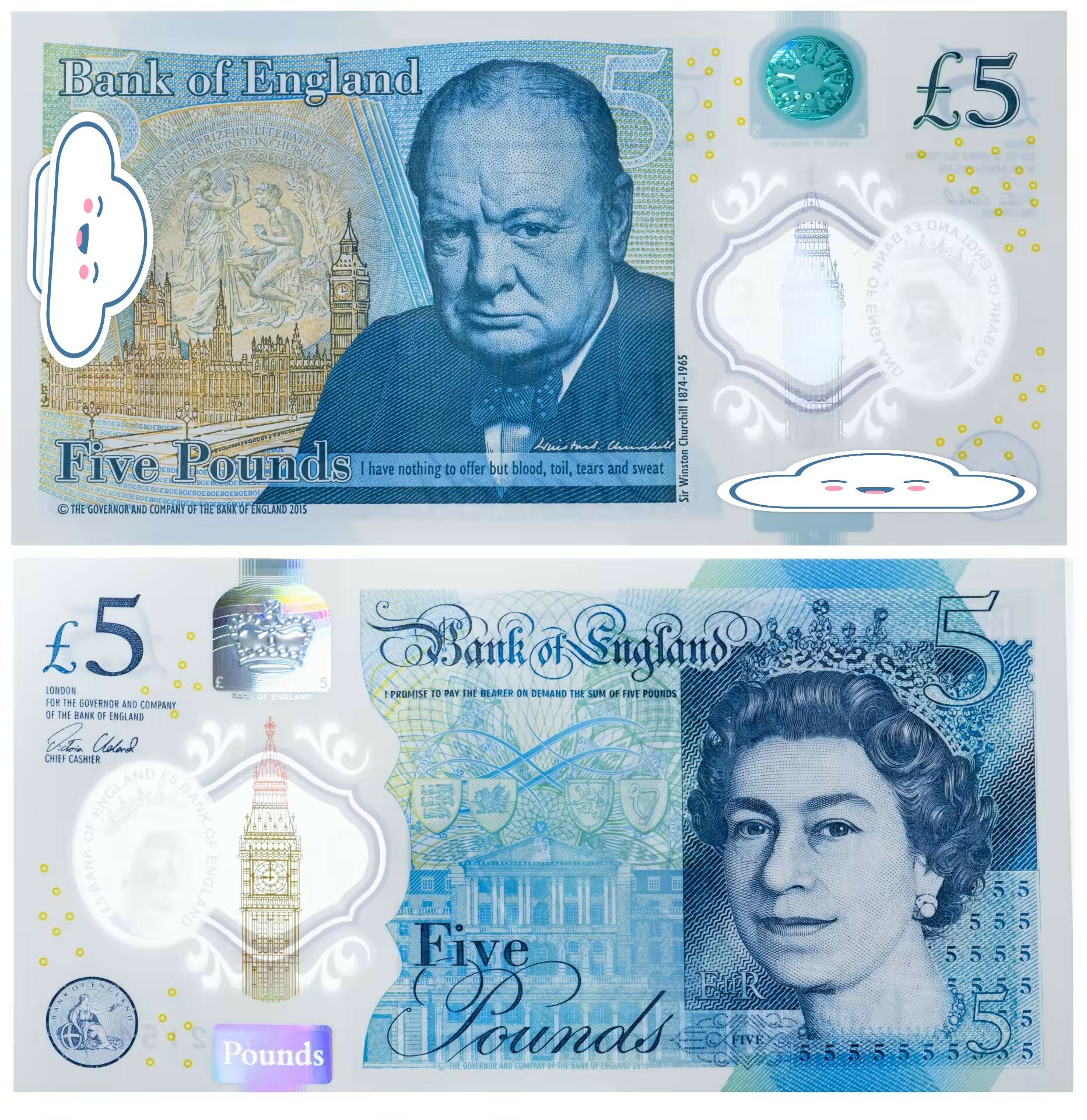 Банкнота Великобритания 5 фунтов 2015 / Сэр Уинстон Черчилль. Вестминстерский Дворец UNC полимер