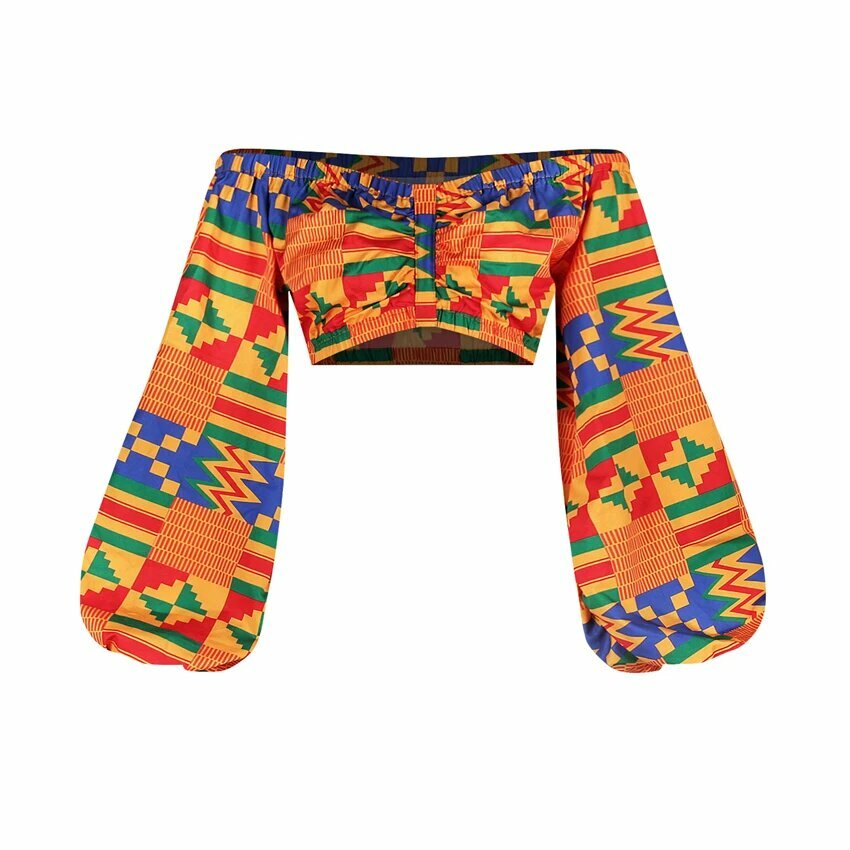 Кроп-топ с рукавами-буфами, принт Kente, Top 2, S