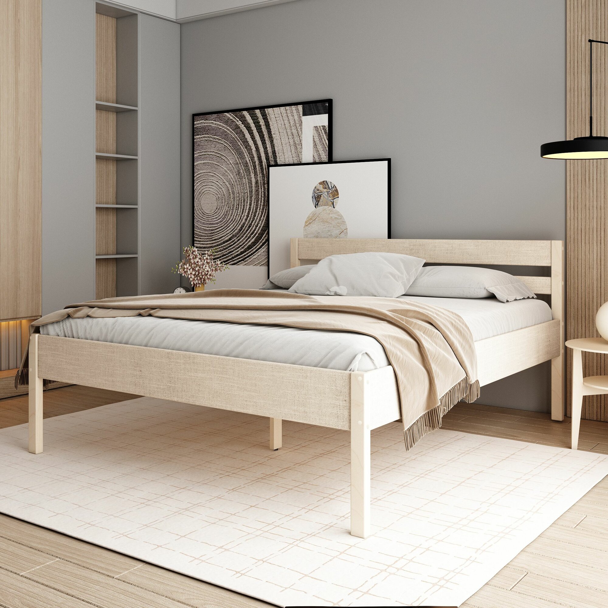 Кровать двуспальная, 180х200 см, Hansales, деревянная, высокая, из массива березы, ткань белая