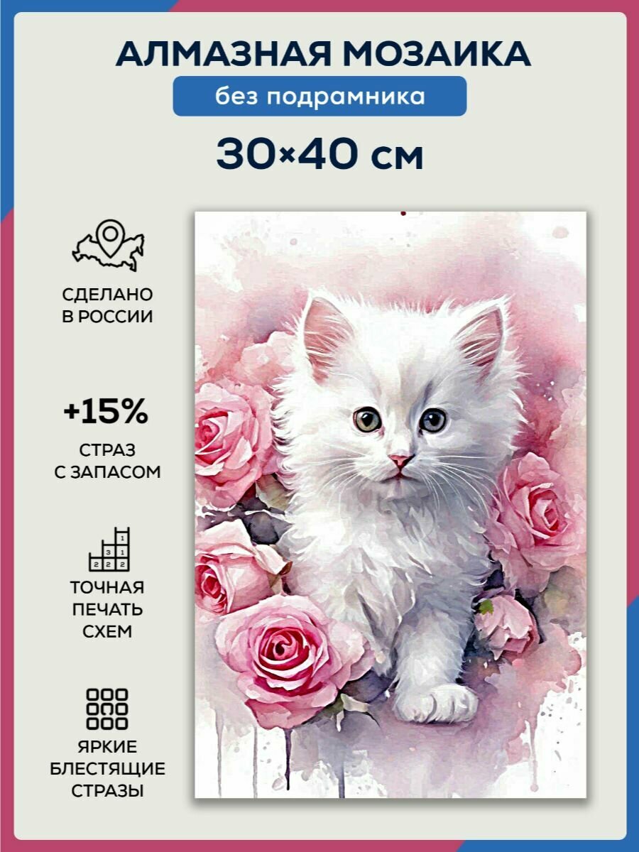 Алмазная мозаика 30x40 Белый котёнок без подрамника