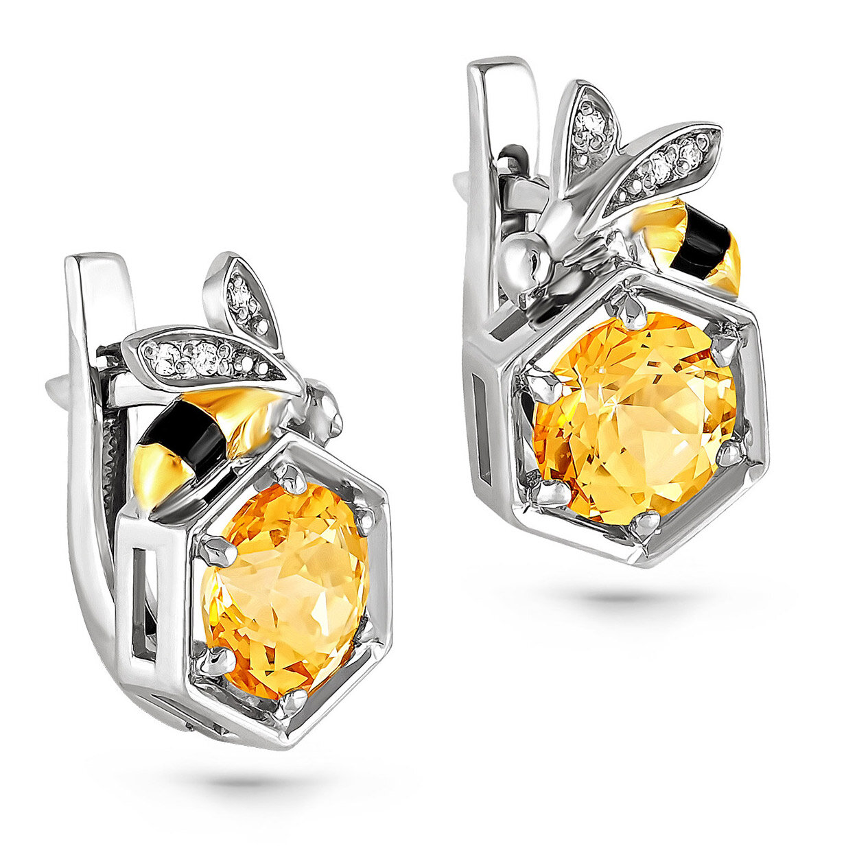 Серьги с подвесками, серебро, 925 проба, родирование, цитрин, фианит