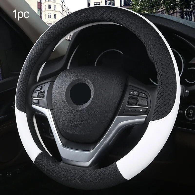 Белый кожаный чехол на руль автомобиля 38 см