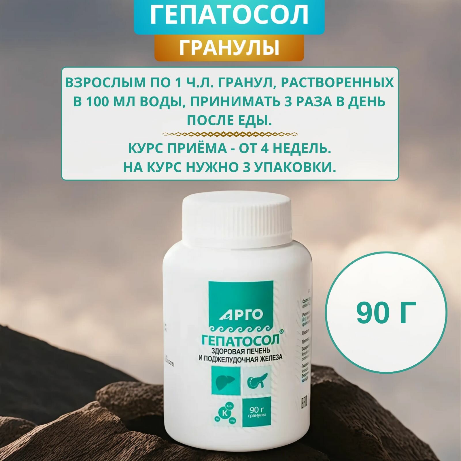 Гепатосол гранулированный для печени, при гепатитах и описторхозе, 90 г — фото 1