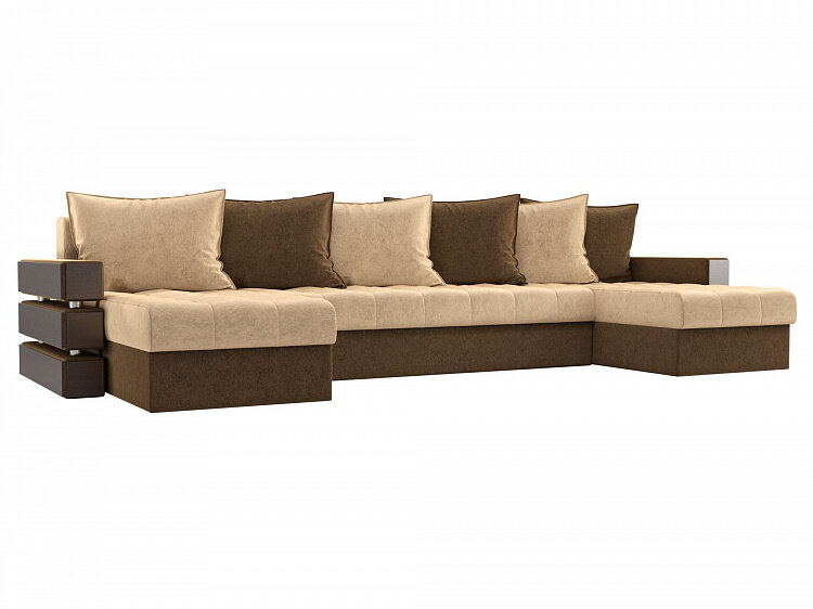 Угловой диван Веста (Венеция) П-образный Бежево-Коричневый Вельвет, еврокнижка, 300х150х85 см, с ящиком для белья