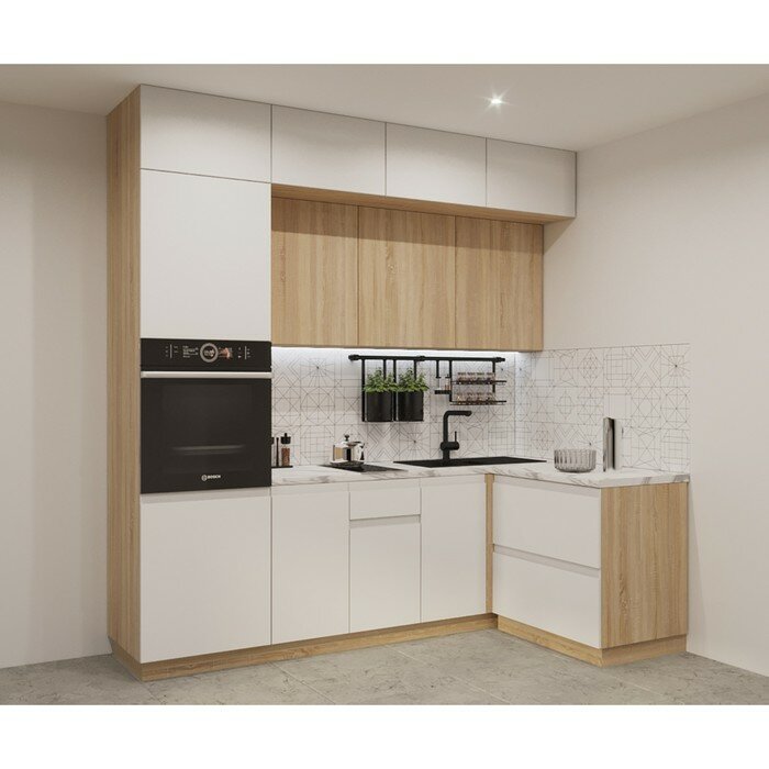 Кухонный гарнитур угловой трёхуровневый в потолок «Лайн 17», 2400×1400 мм, цвет дуб сонома/тальк/дуб сонома/мрамор белый