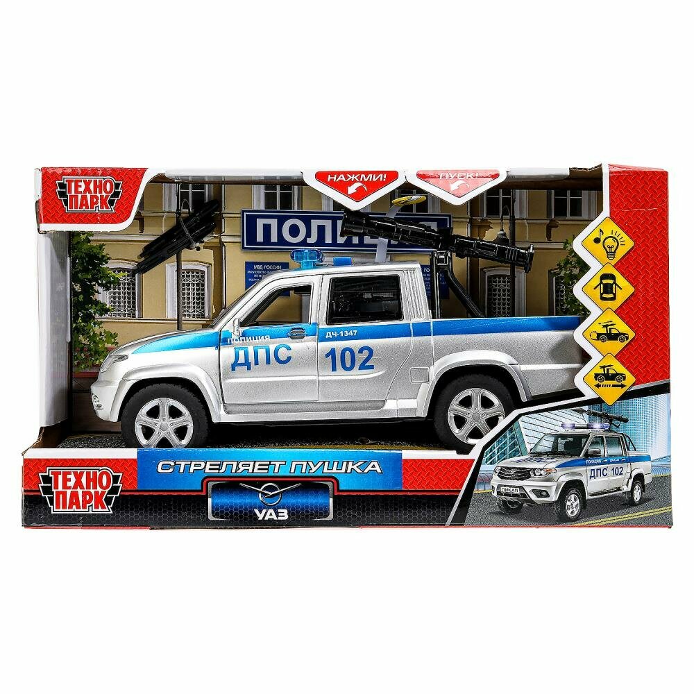 Машина пластик свет-звук Уаз Пикап Полиция 22 см. 4 кнопки, пушка, Технопарк PICKUP-22PLPOL-CANSR (36)