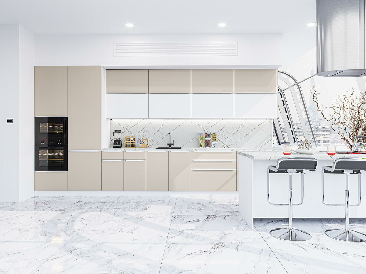 Кухня Фьюжн-02, цвет фасада Cream Silk/Silky White, цвет каркаса Белый, 2140*4400*600 мм