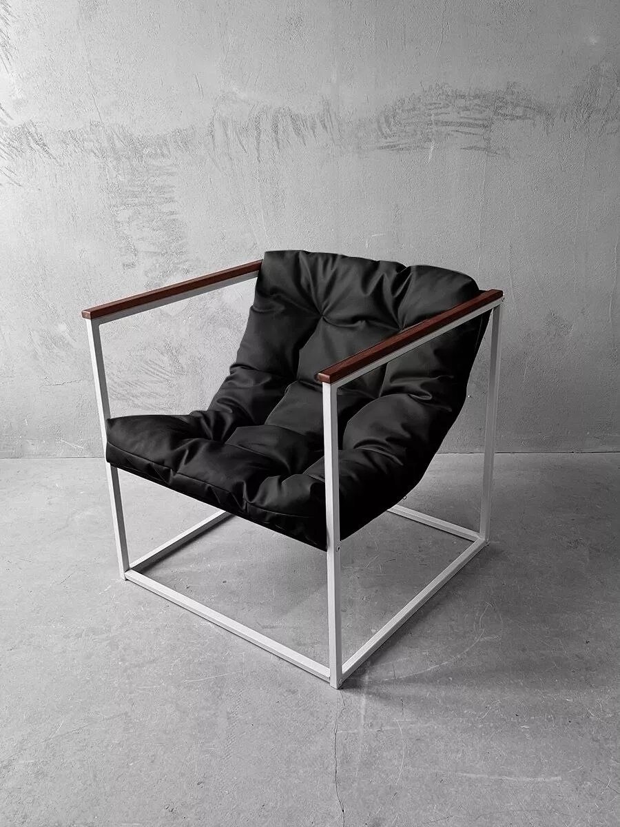 Кресло мягкое удобное для отдыха, уличное, на балкон, веранду, в стиле лофт, минимализм, Лофтовик ++ кожзам черный