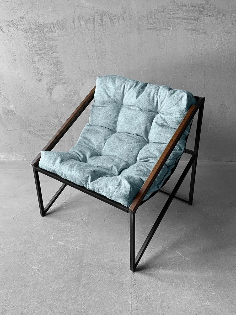 Кресло мягкое удобное для отдыха, уличное, на балкон, веранду, в стиле лофт, минимализм, Слэш ++ велюр голубой