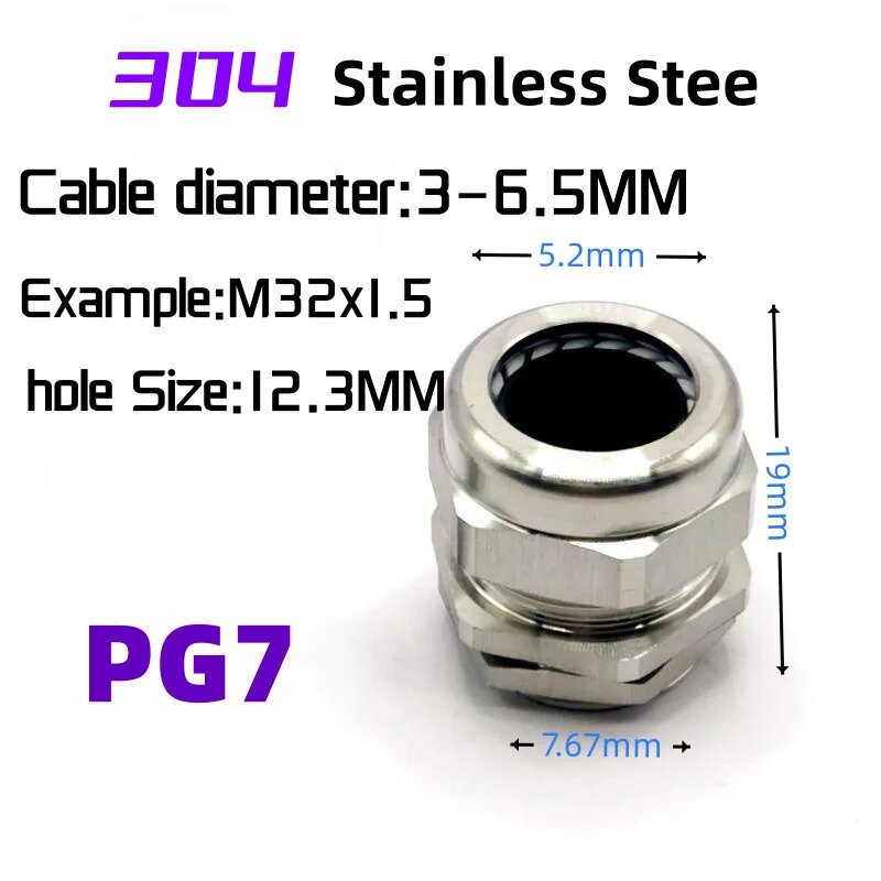 Водонепроницаемый кабельный ввод из нержавеющей стали IP68 PG7 fit 3-6.5mm
