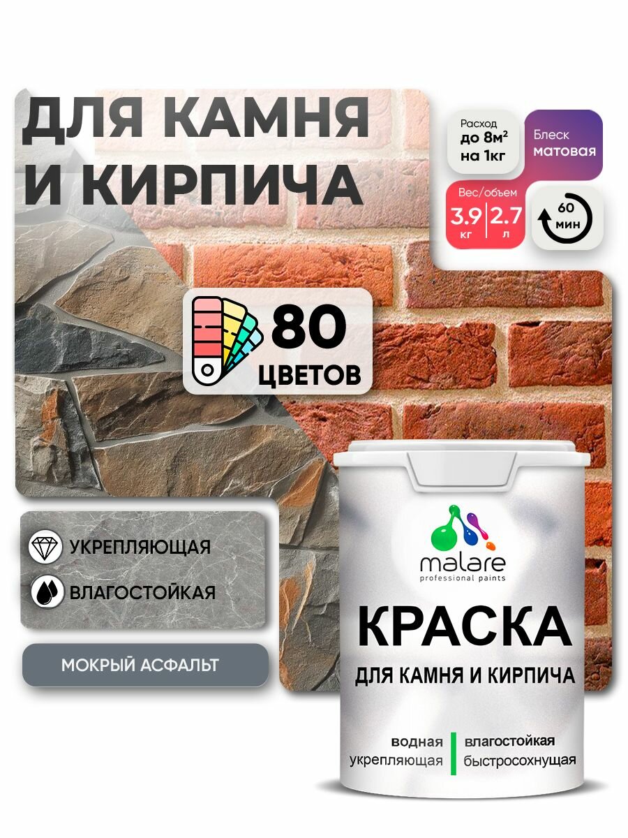 Краска Malare для камня и кирпича, по бетону и штукатурке, для минеральных поверхностей, без запаха, матовая, мокрый асфальт, (2.7л - 3,9кг).