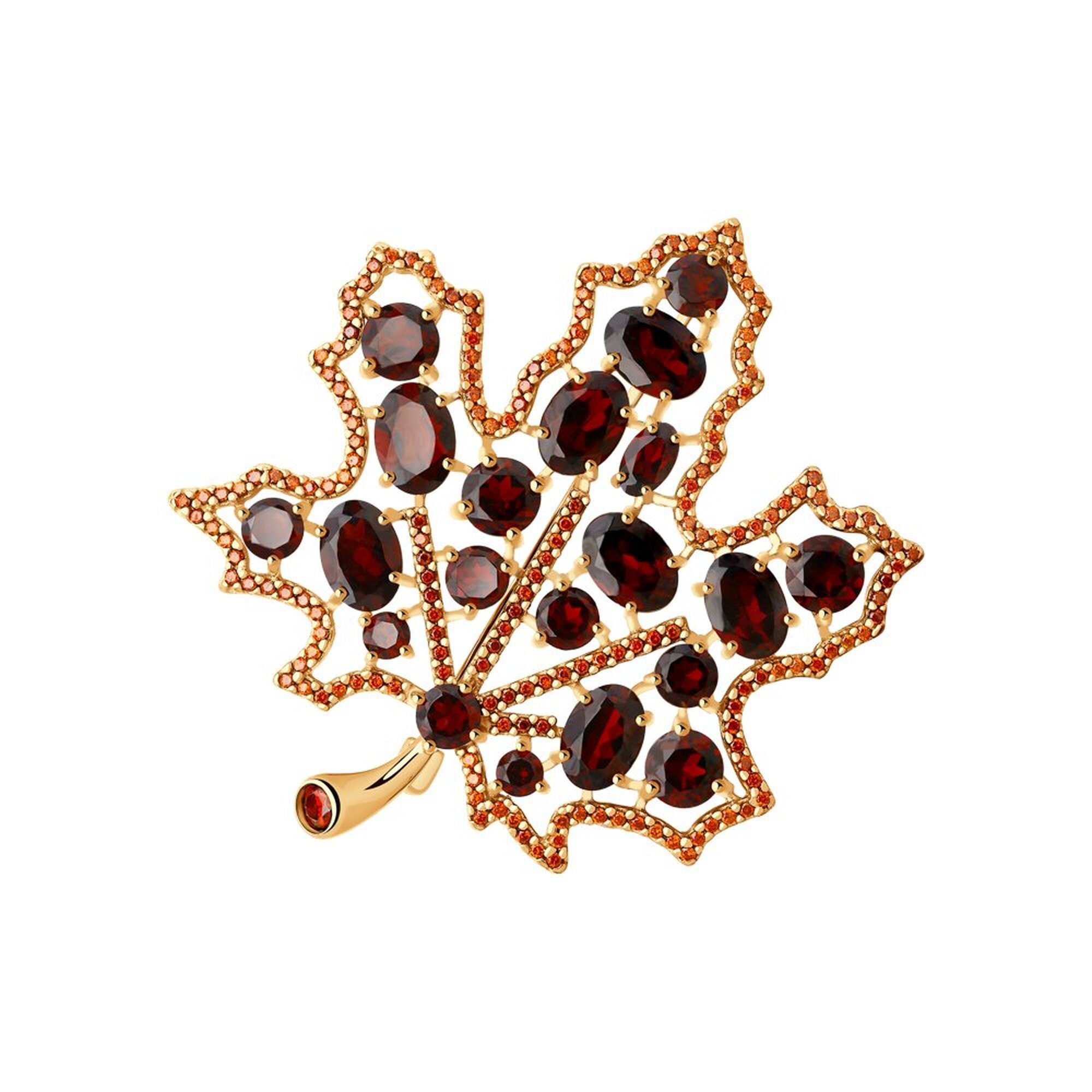 Брошь, серебро, 925 проба, золочение, фианит, гранат