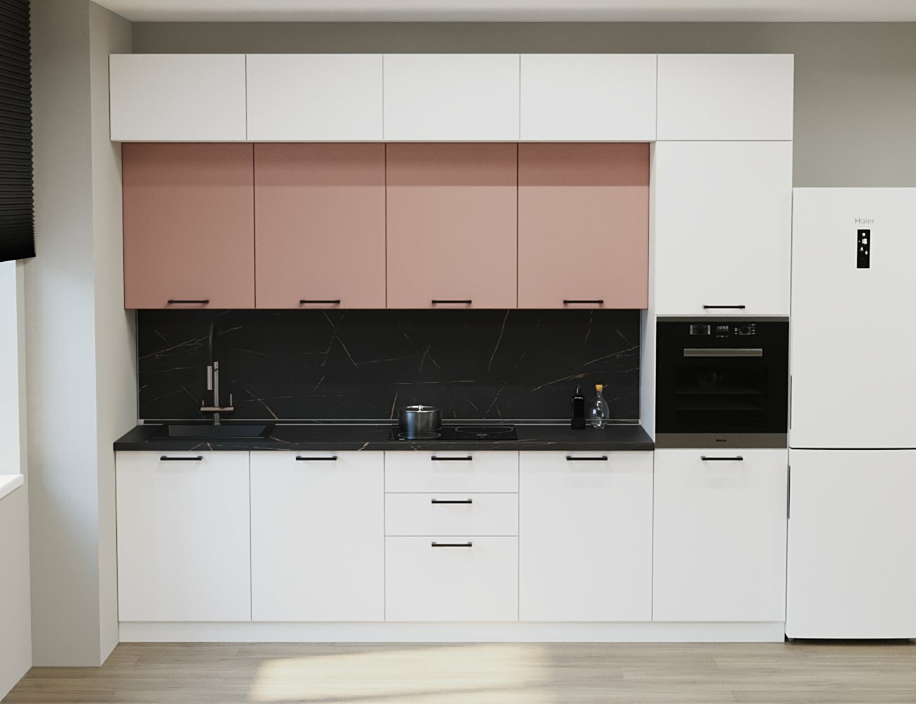 Кухонный гарнитур Аликанте, 3000 мм, шарли белый / шарли pink, высота 2500 мм