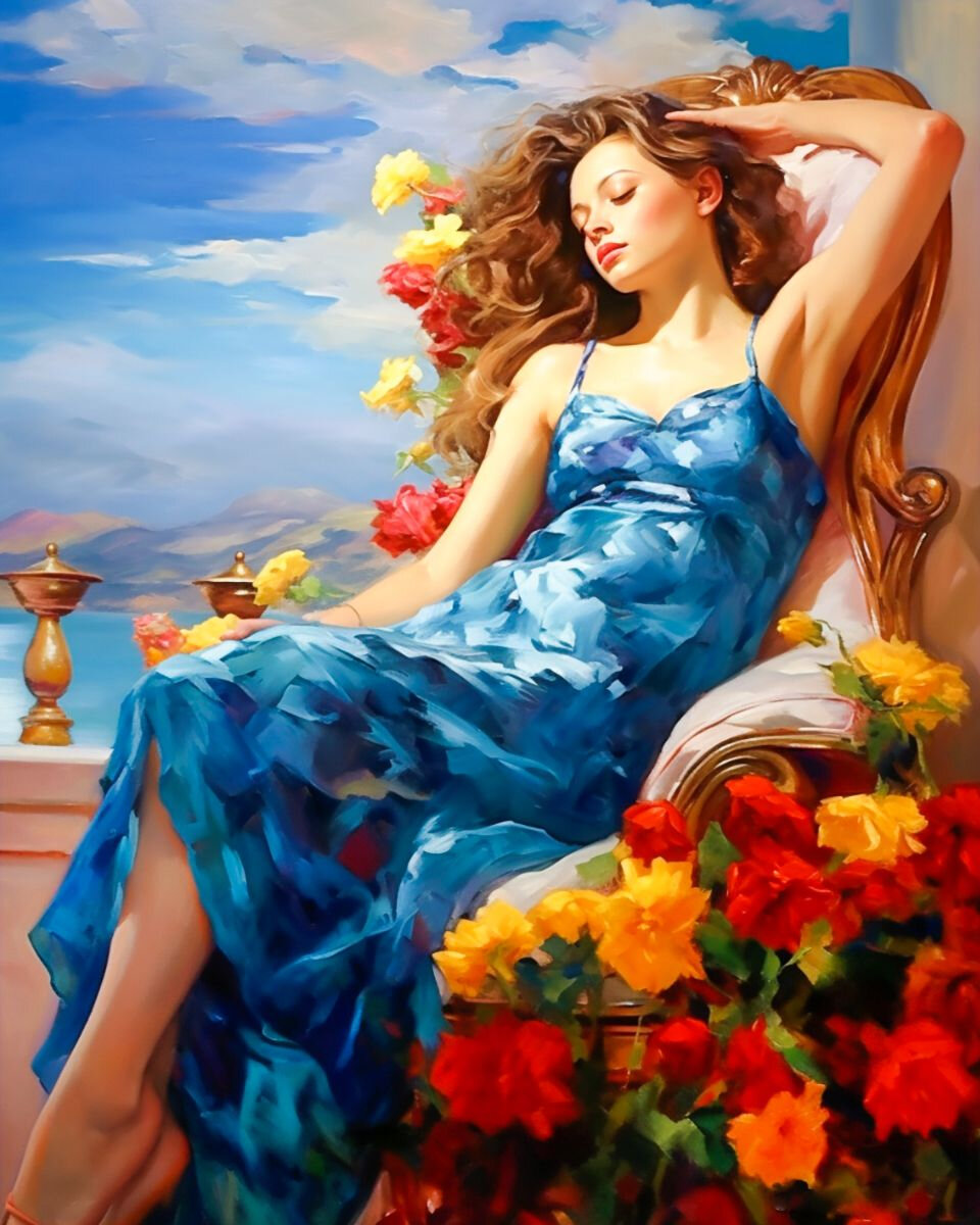 Картина по номерам море и девушка 40х50