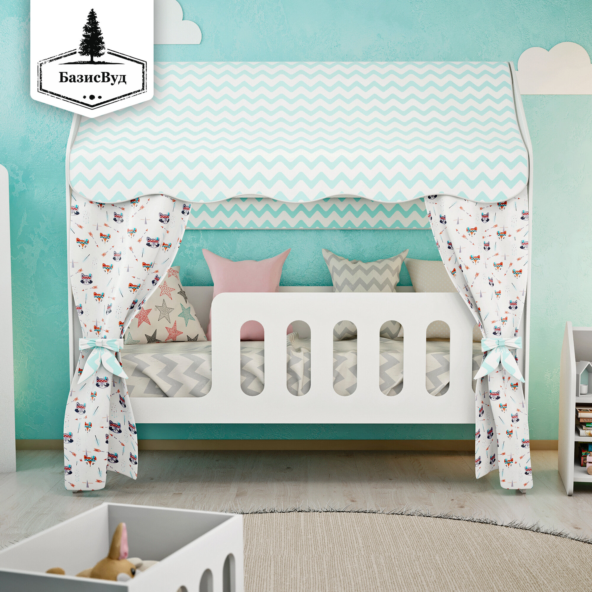 Кровать-домик, Кровать детская с бортиком под матрас 160х80, БазисВуд "Классик" с текстилем (светлый, с зверятами)