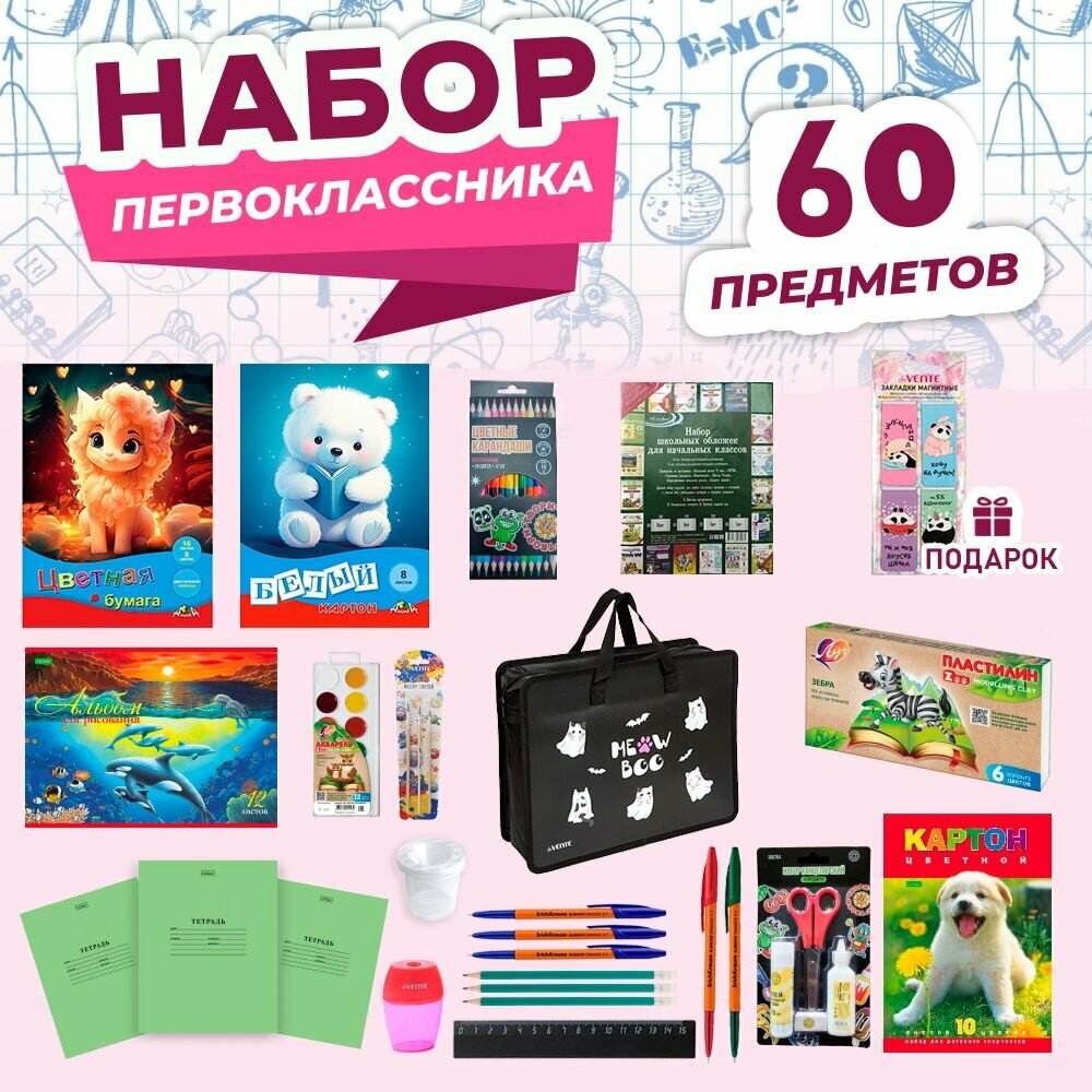 Набор первоклассника (школьника) в папке А4, 60 предметов для девочки Ghost Meow