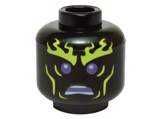 Minifigure, Head Alien with Yellowish Green Flaming Eyebrows and Cheek Lines, Dark Purple Eyes, Angry Open Mouth with Teeth Parted Pattern, 3626pb1426 Black U