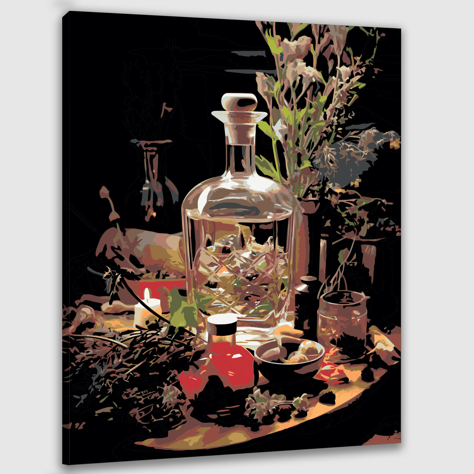 Картина по номерам 40x50 см, фотография, Зелья благополучия, натюрморт, бутылка, стекло, эликсир, ингредиенты, зелень