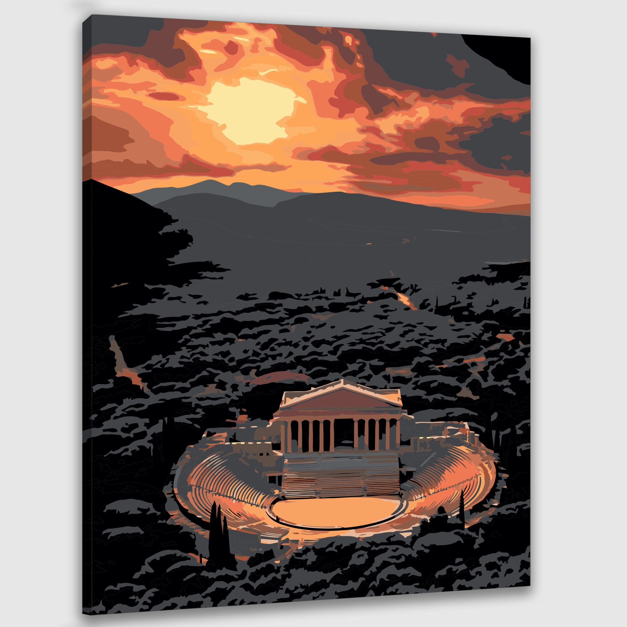 Картина по номерам 40x50 см, аэрофотоснимок, древний театр, Эпидавр, зеленый ландшафт, оливковые рощи, пологие холмы