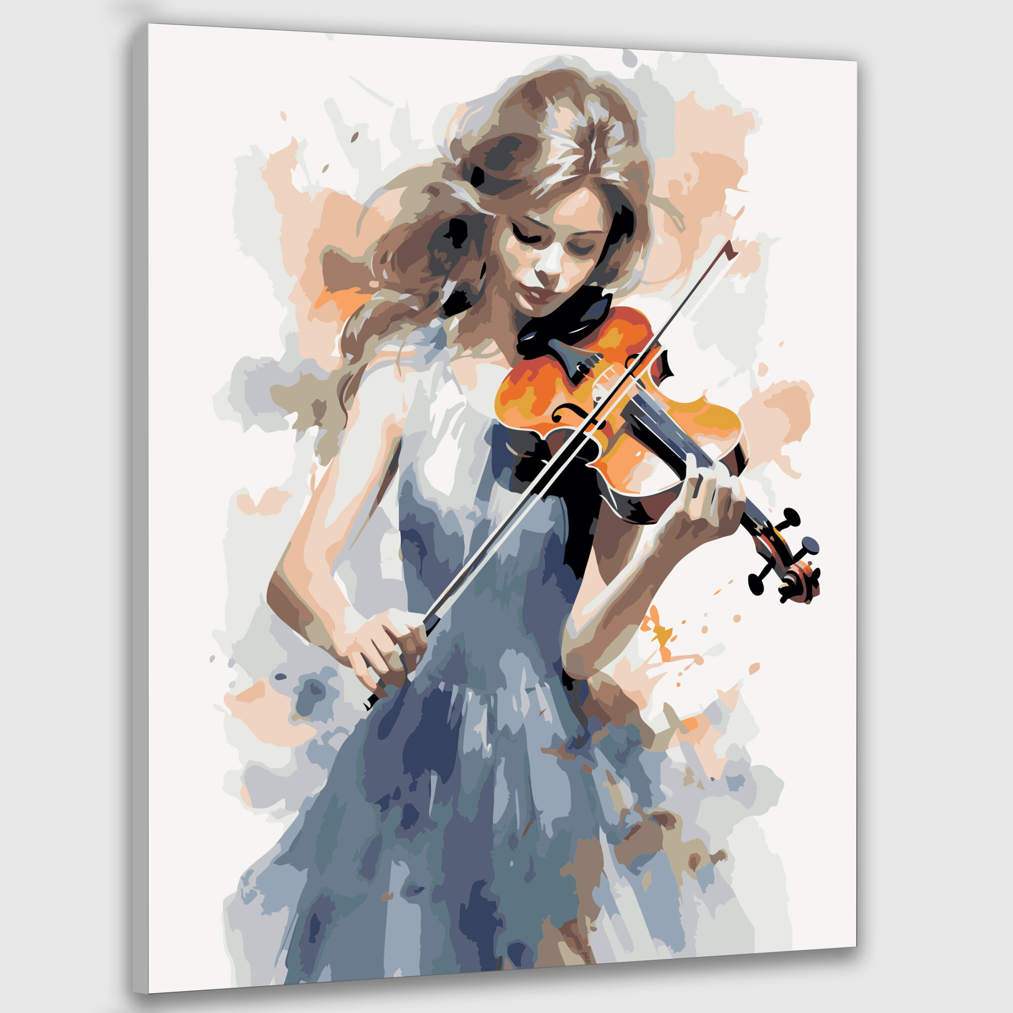 Картина по номерам 40x50 см, акварельная картина, молодая девушка, игра на скрипке, глаза закрыты, сосредоточение, ноты