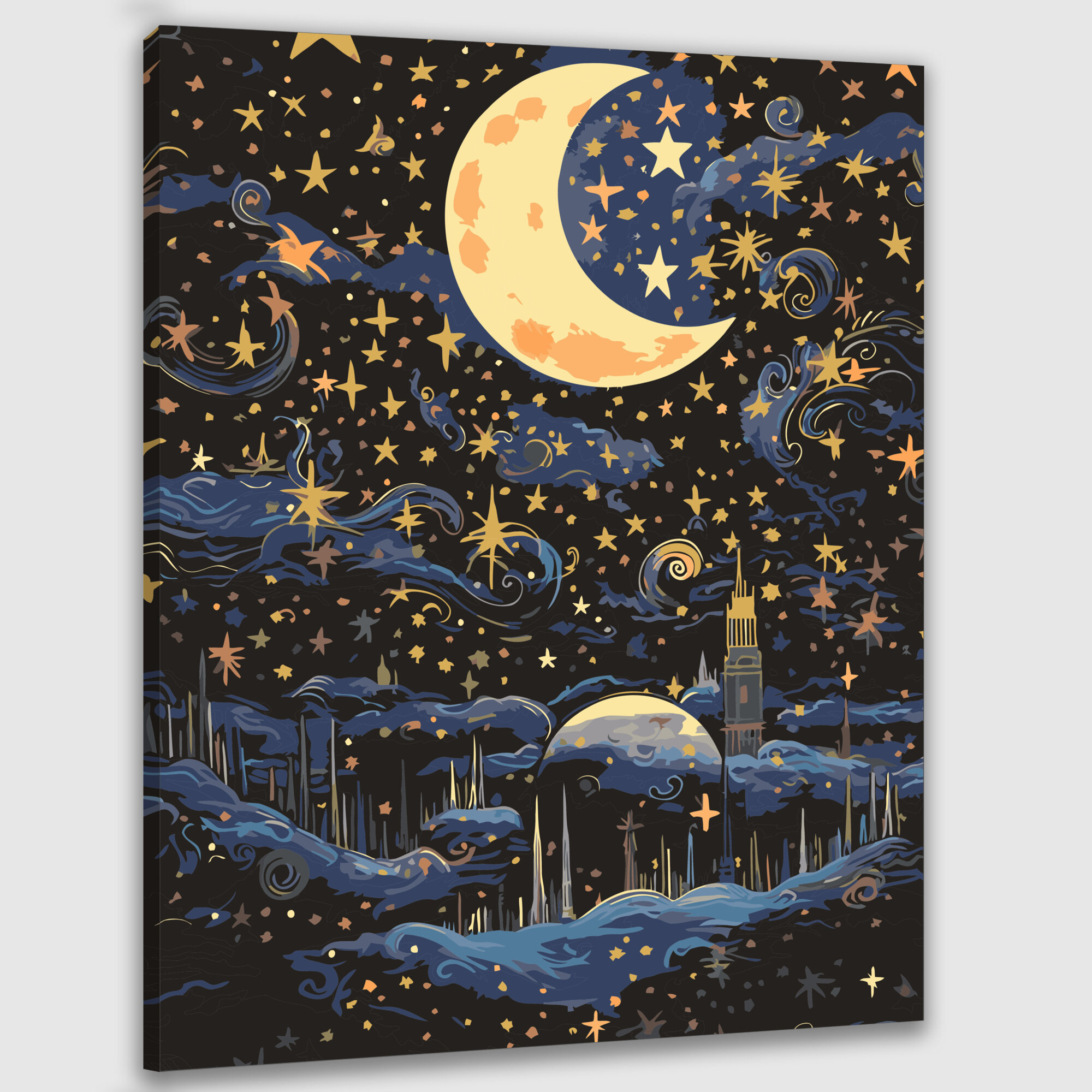 Картина по номерам 40x50 см, луна, ночное небо, звезды, космические сферы, гобелен, тени, кратеры, глубина, текстура