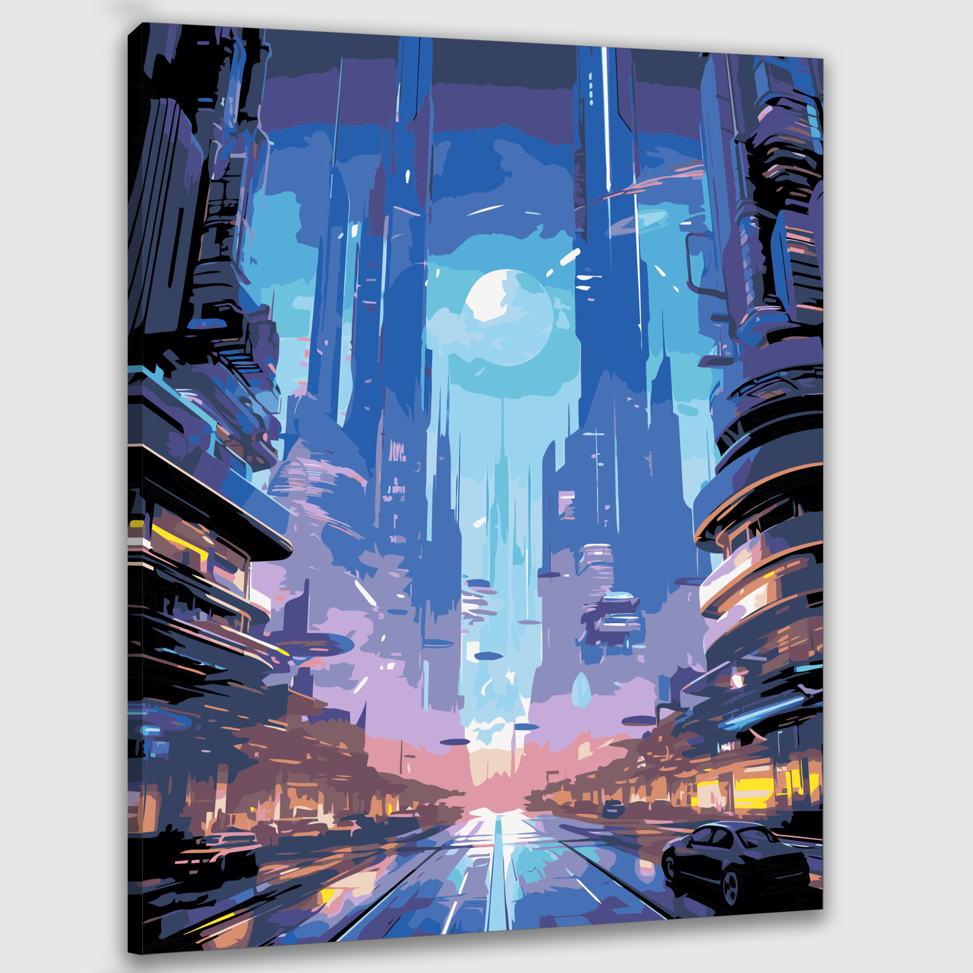 Картина по номерам 40x50 см, футуристический город, небоскребы, яркие неоновые огни, летающие автомобили
