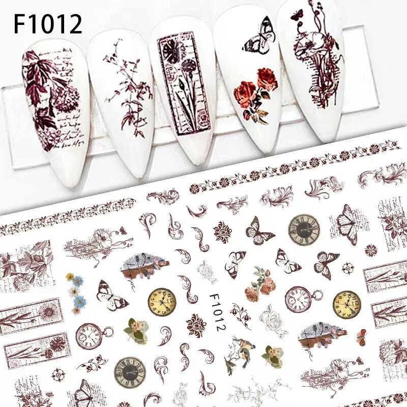 Наклейки для ногтей F1012, винтаж, цветы, бабочки