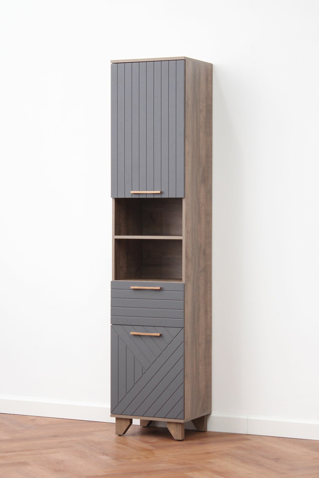 Шкаф пенал Копенгаген с нишей Дуб Самдал / Серый графит правый (12 Стульев)