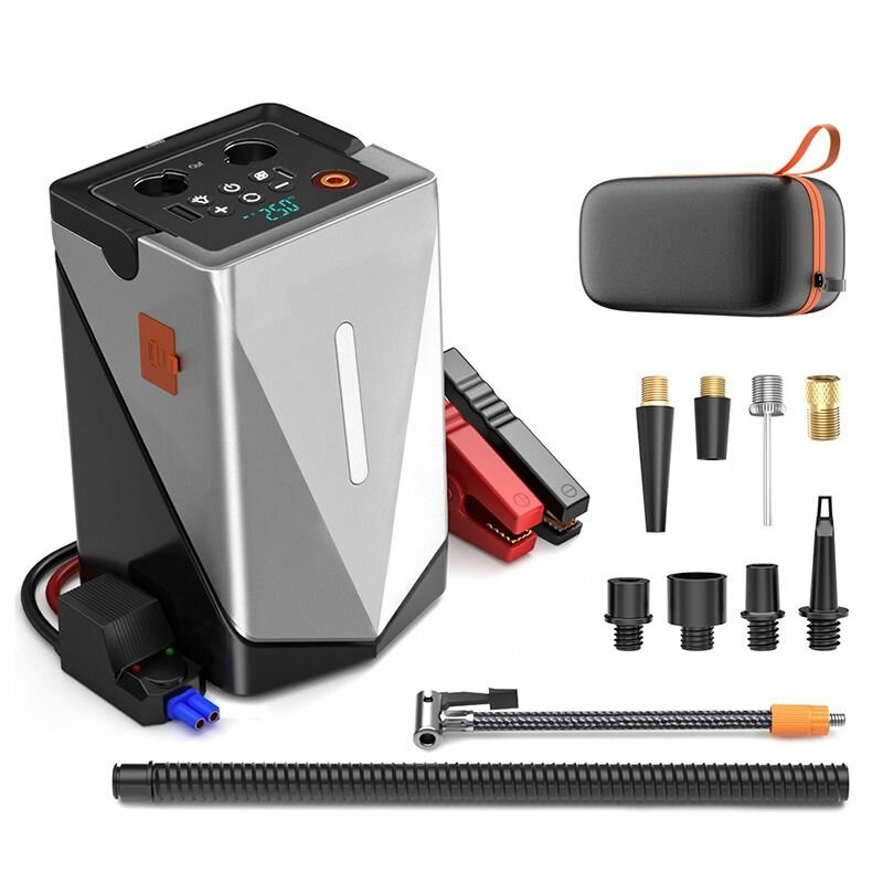 Компрессор беспроводной автомобильный 5-в-1 c пусковое устройство 800A, Power Bank 8400мАч, с Функцией Фонарь и вакуумирования, в кейсе