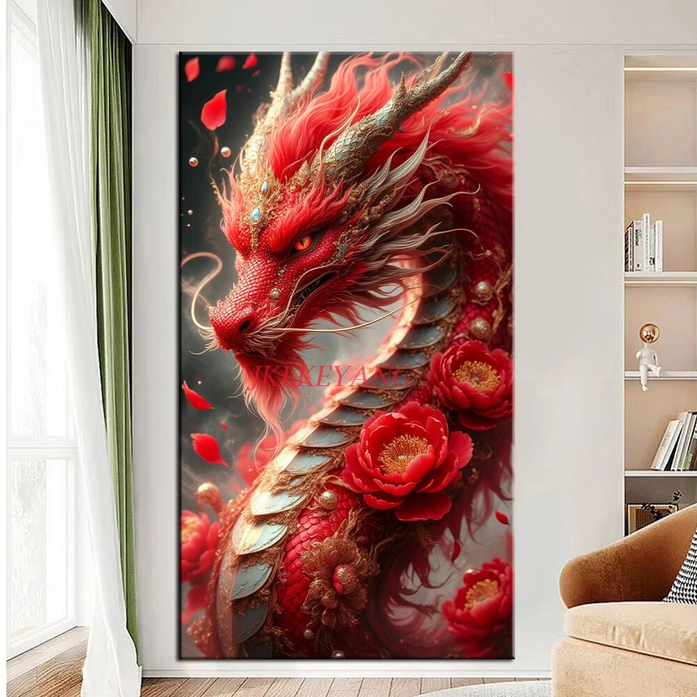 Алмазная картина JKEKEYANG Красный Дракон и Цветок square 20x40cm