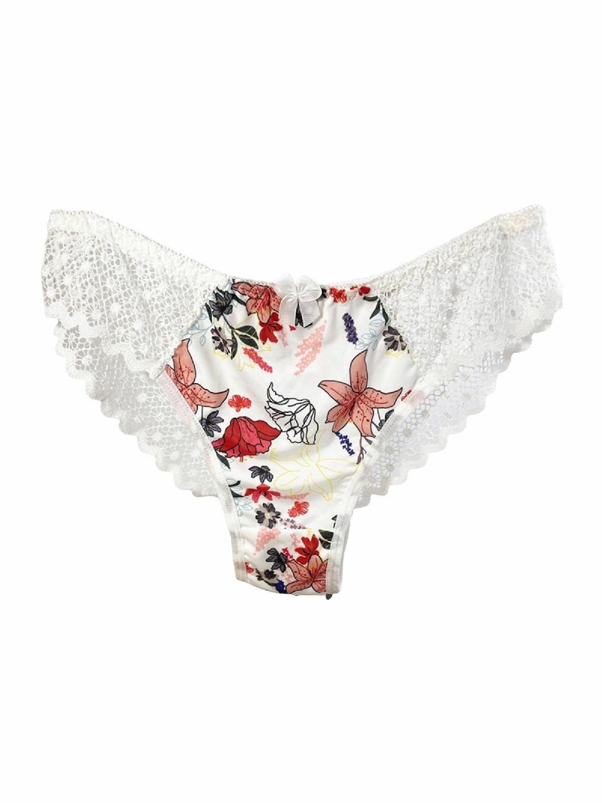 Женские трусики-танга с цветочным принтом, Белый - L