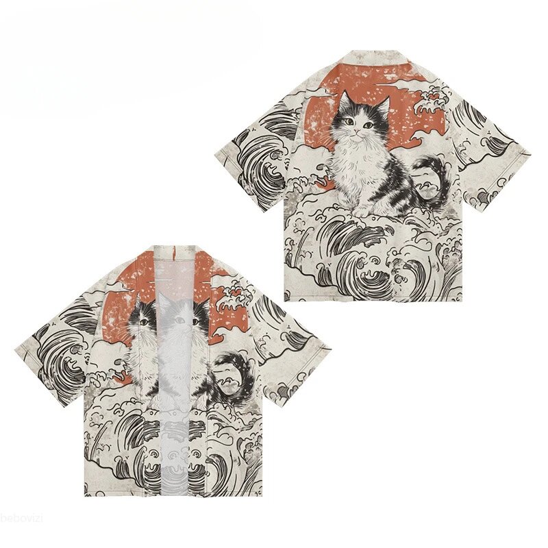 Женский кардиган юката в японском традиционном стиле, кимоно хаори — легкий повседневный домашний костюм с принтом кошачьей волны и океана для пляжа