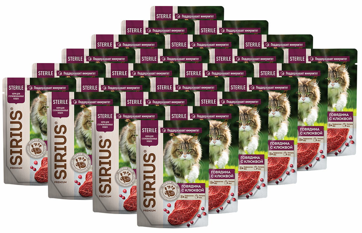 Корм влажный Sirius Premium Sterile для кастрированных котов и стерилизованных кошек, говядина и клюква в соусе, 85 г х 24 шт