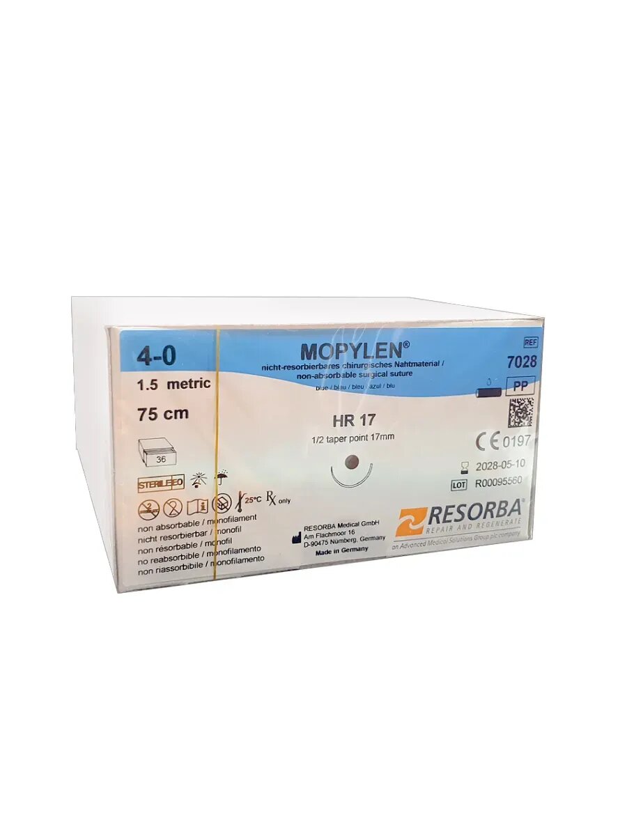 Шовный материал Мопилен HR 17, 4/0 USP, 75 см, 36 шт