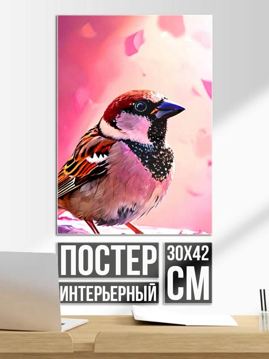 Постер на стену Воробей в розовом