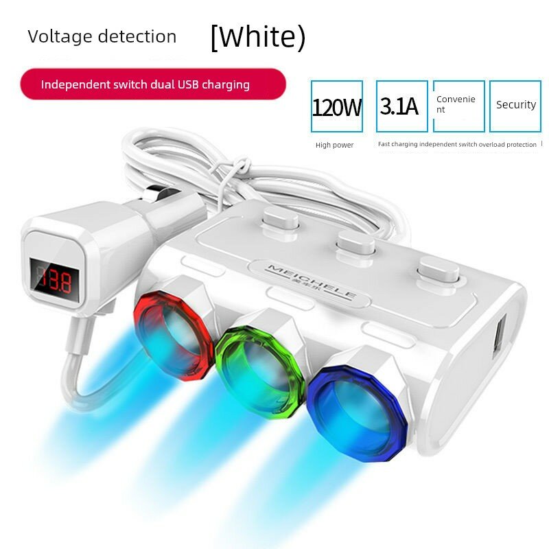 Автозарядное устройство с разъемом прикуривателя на три розетки и цифровым дисплеем белого цвета улучшенная версия