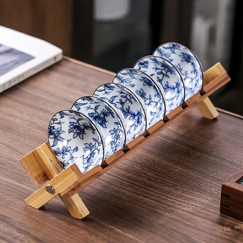 Сине-белые конические чашки для кунг-фу чая, набор из 6 штук с подставкой, керамические чашки с полноцветной имитацией