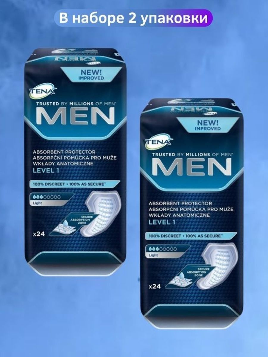 Tena Men мужские Level 1 Light Прокладки урологические для мужчин 3 капли, Тена 300 мл, 24 шт * 2 упаковки