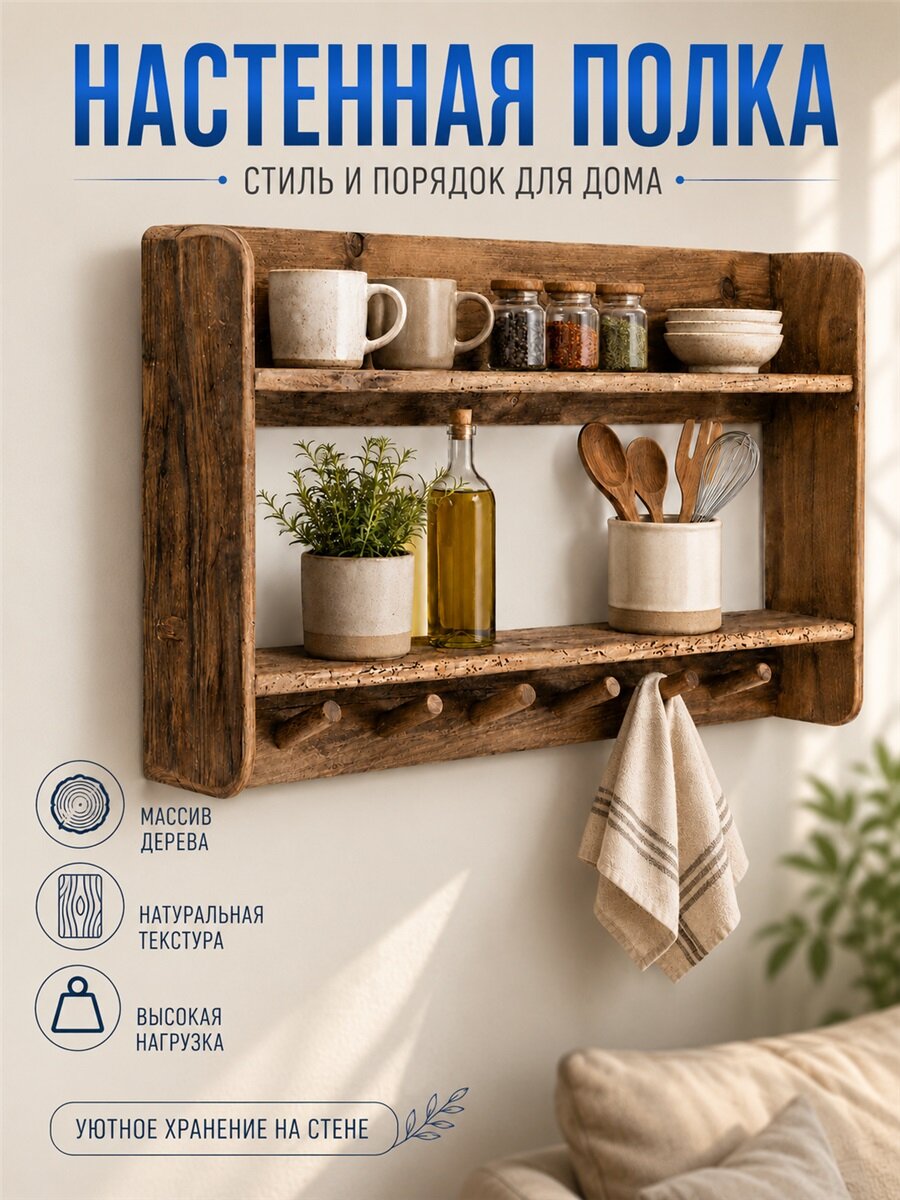 Настенная полка из массива дерева с держателем для полотенец высокая нагрузка для хранения посуды на кухне дома