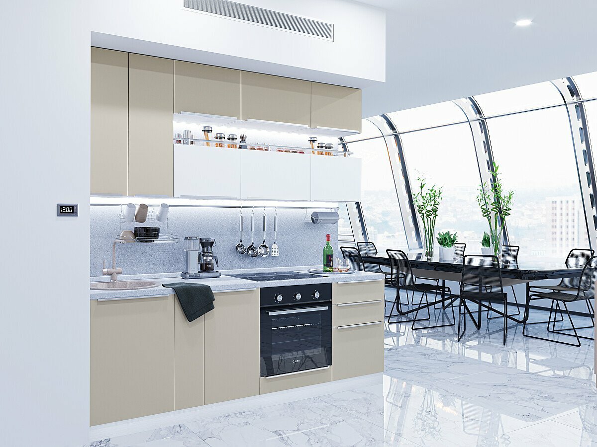 Кухонный гарнитур VIVAT Фьюжн-01 Cream Silk-Silky White, 234х230х60 см, ЛДСП, МДФ без столешницы