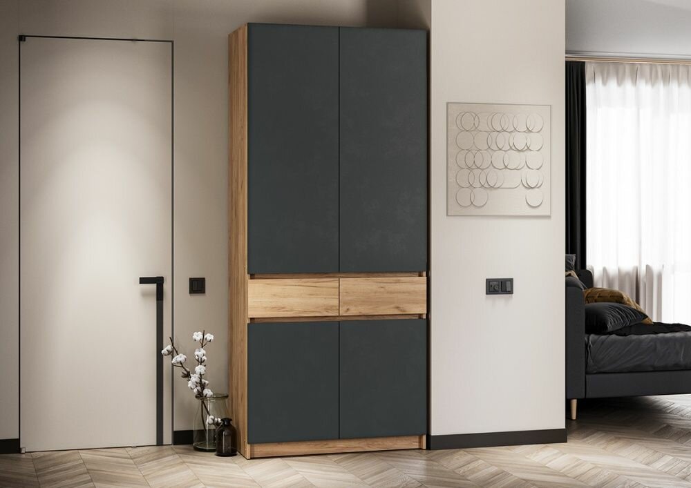 Шкаф распашной двустворчатый Стоуби ШК-1000 дуб крафт золотой/серый графит ЛДСП, с ящиками, полками, штангой 1000х2300х510 интерьер - центр