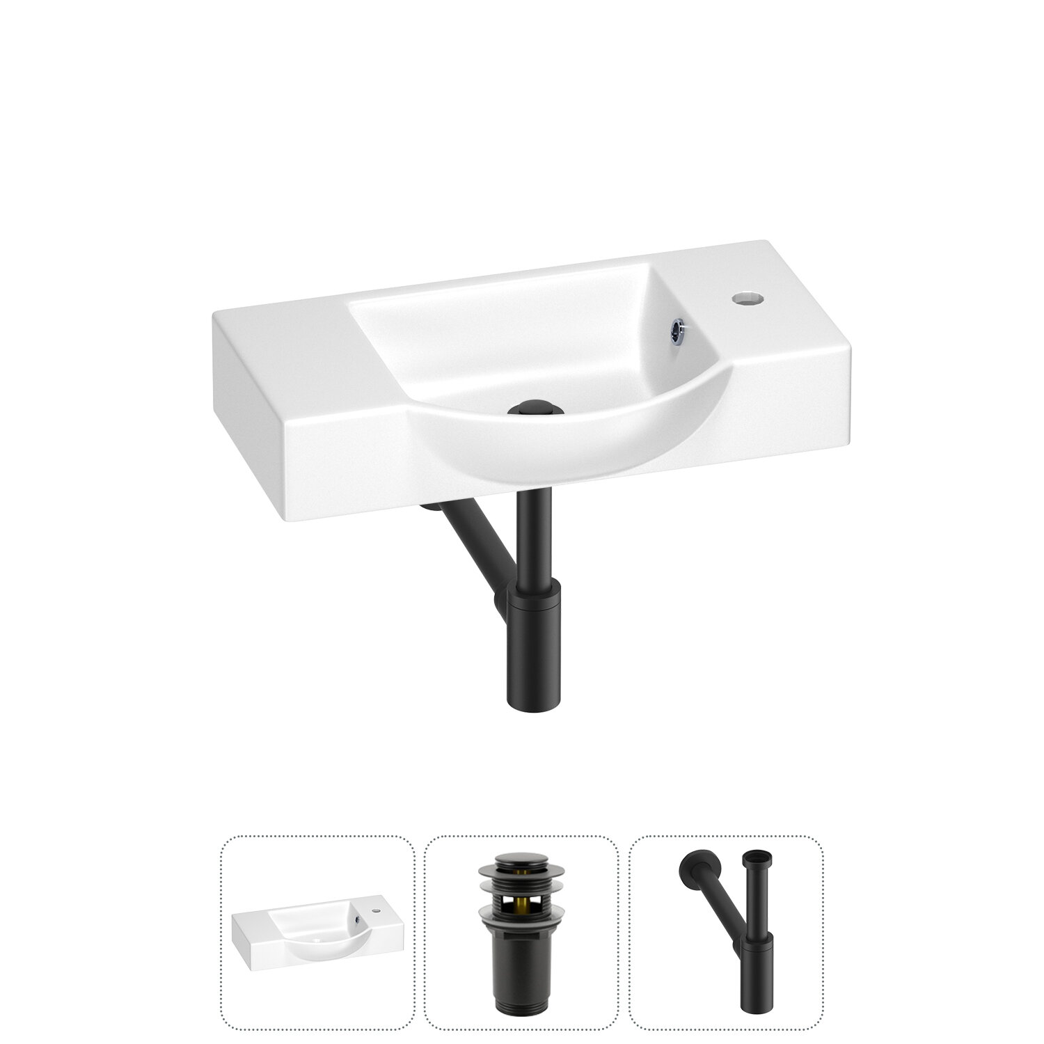 Маленькая раковина в ванную комнату или туалет Wellsee WC Area 202011810 в наборе 3 в 1: накладная или подвесная раковина 55 см, донный клапан, сифон (цвет набора матовый черный)