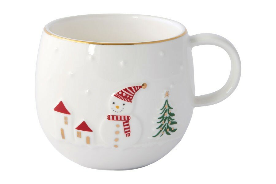 Кружка, 400 мл, фарфор P, белая, с золотым кантом, Снеговик, Let It Snow (Easy Life)