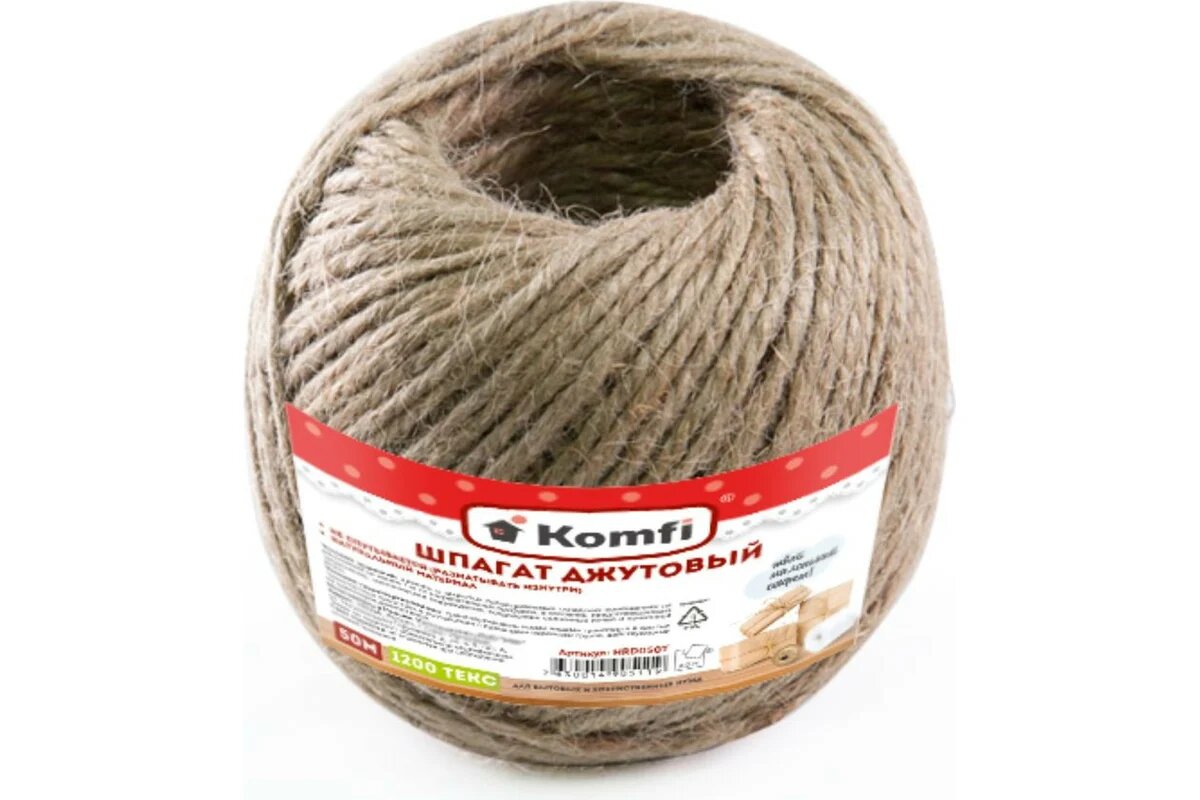 Komfi джутовый шпагат 50 м, 1200 текс, бурый - для крепления и упаковки товаров