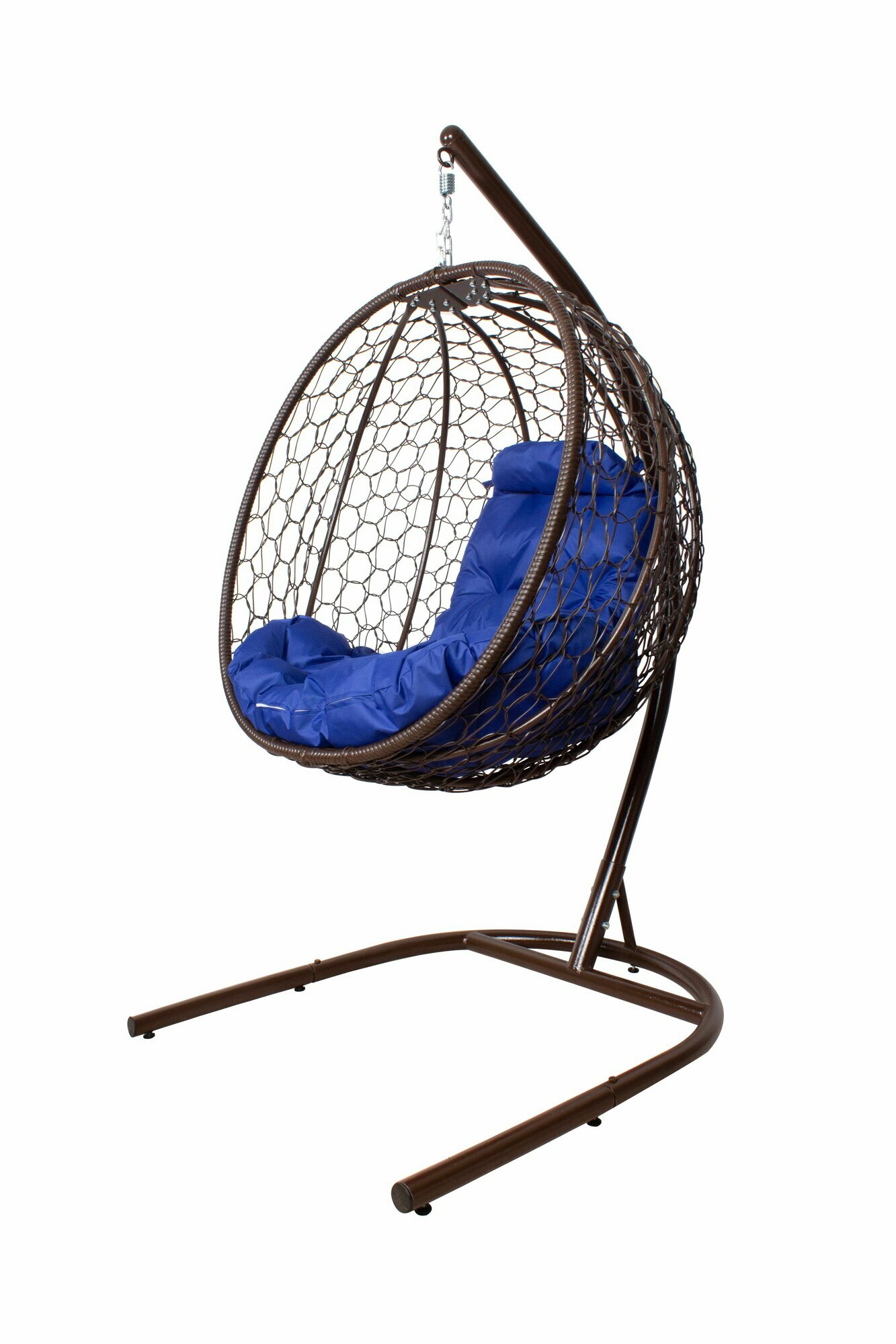 Подвесное кресло капля складная, с ротангом коричневое, синяя подушка