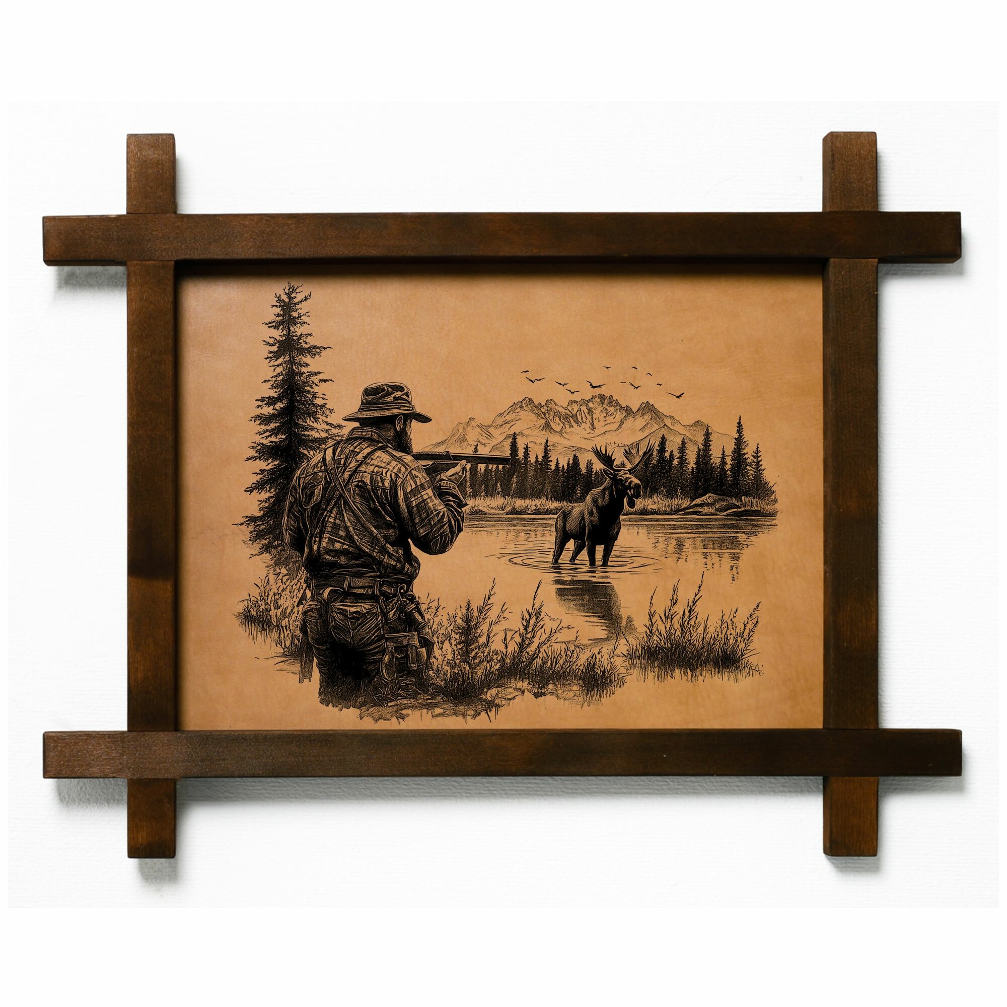 Картина интерьерная, натуральная кожа, "Охота на лося", в деревянной раме, BoomGift