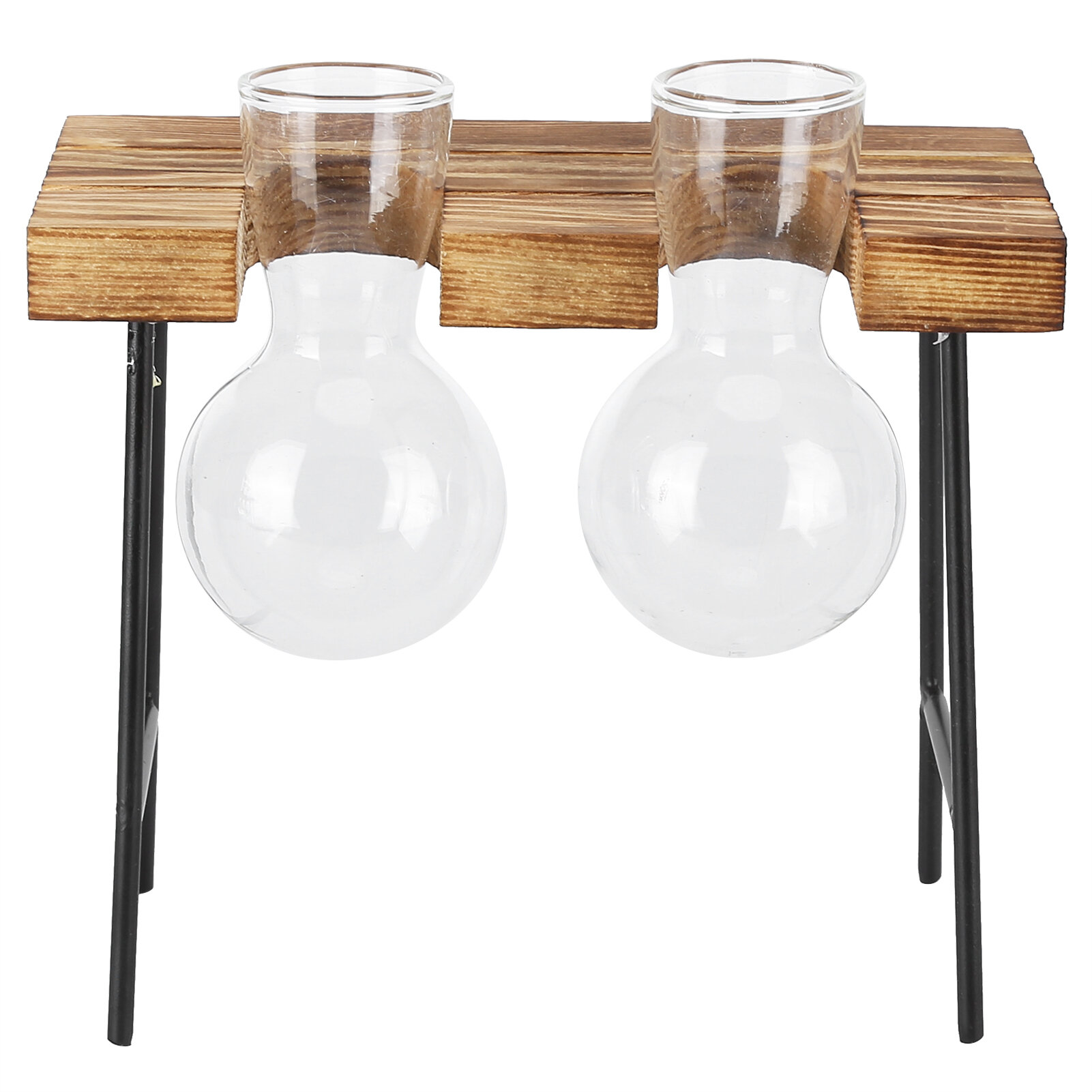Desktop Glass Planter Wooden Stand Bulb Vase Hydroponics Plant for Home Office Garden2 Bottle