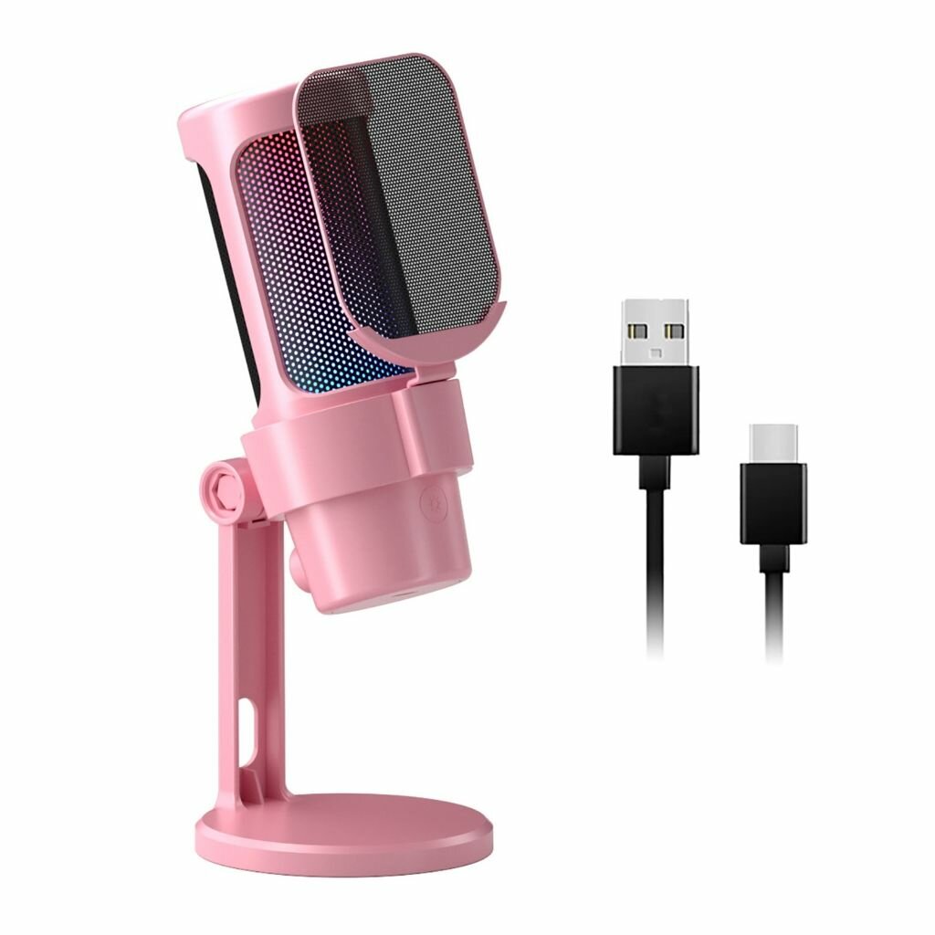 Игровой микрофон USB с цветной подсветкой и кнопкой отключения звука, Конденсаторный микрофон с металлической сеткой для записи потокового подкастинга на ПК