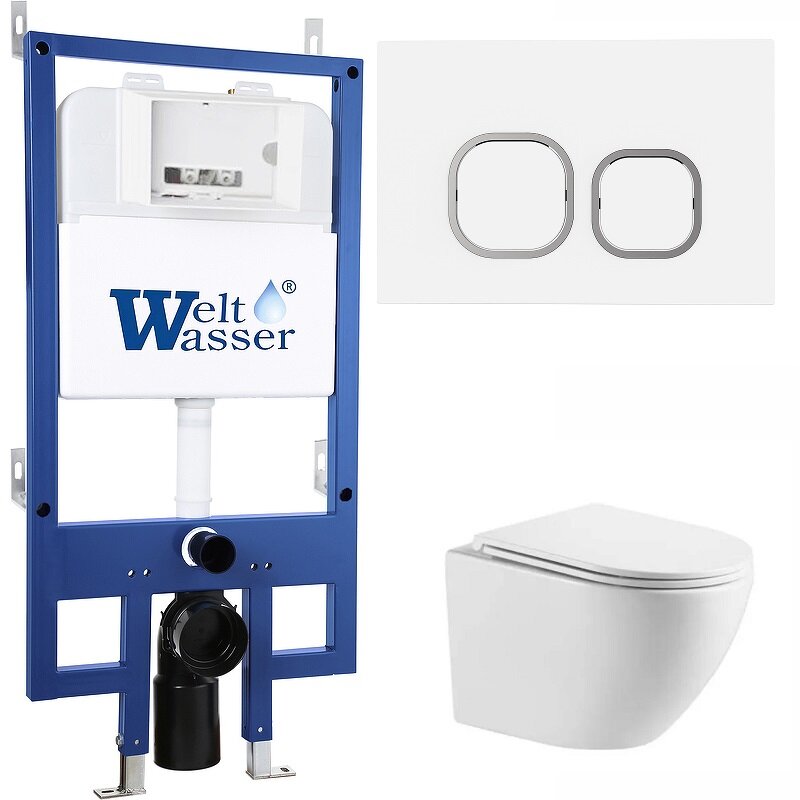 Унитаз подвесной WeltWasser BAMBERG 545+MERZBACH 043 XL GL-WT+BAMBERG WT белый/кнопка белая, безободковый, с крышкой микролифт, с инсталляцией, слив торнадо