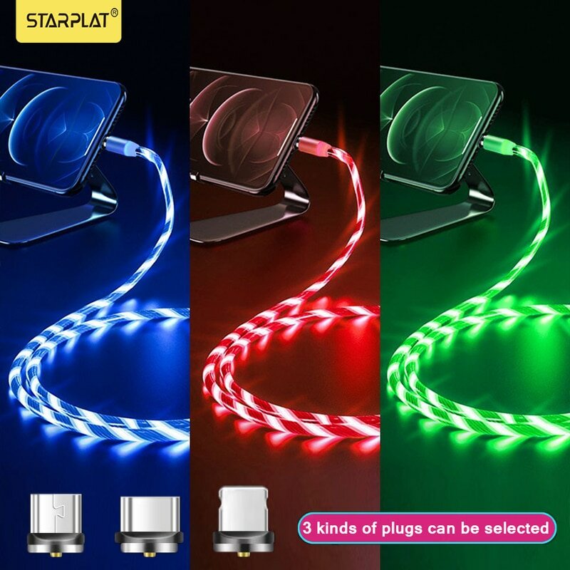 Магнитный кабель Micro USB Flowing Light для зарядки Samsung Type-C, магнитный адаптер для зарядного устройства, телефонный кабель для iPhone